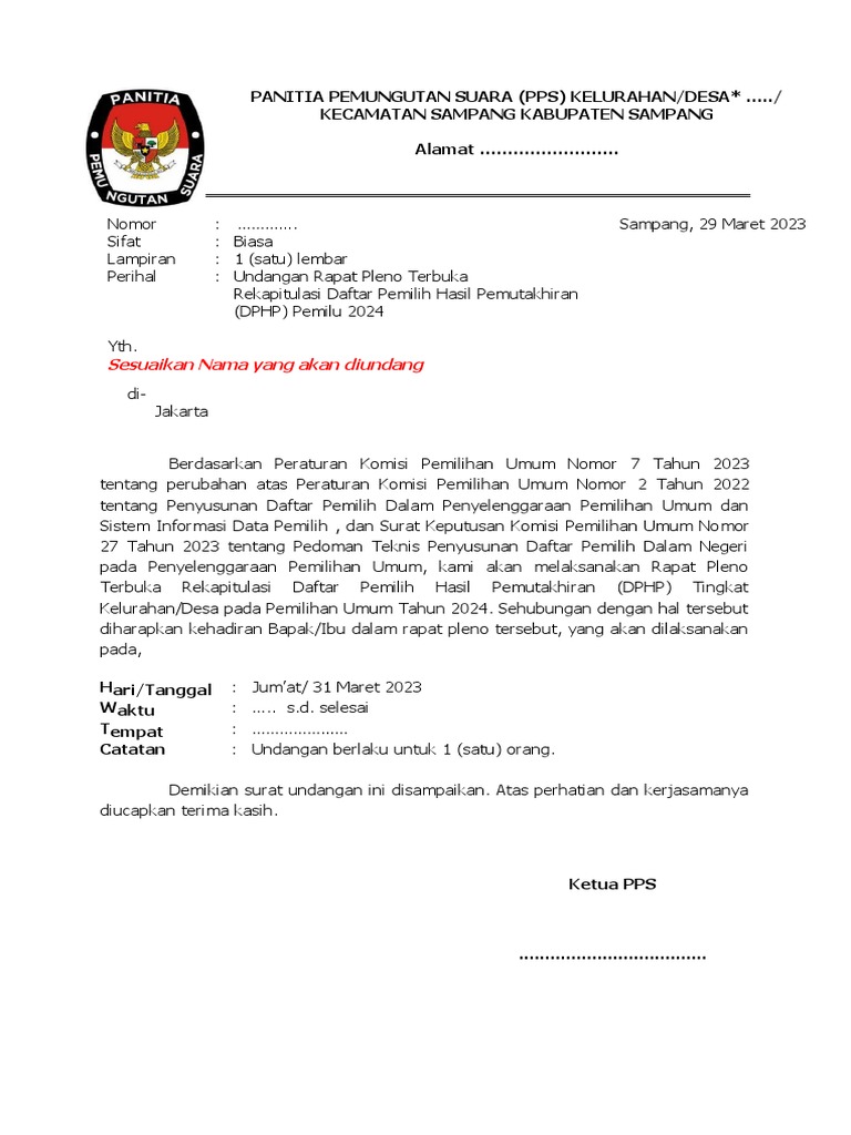 Undangan Rapat Pleno DPHP PPS | PDF