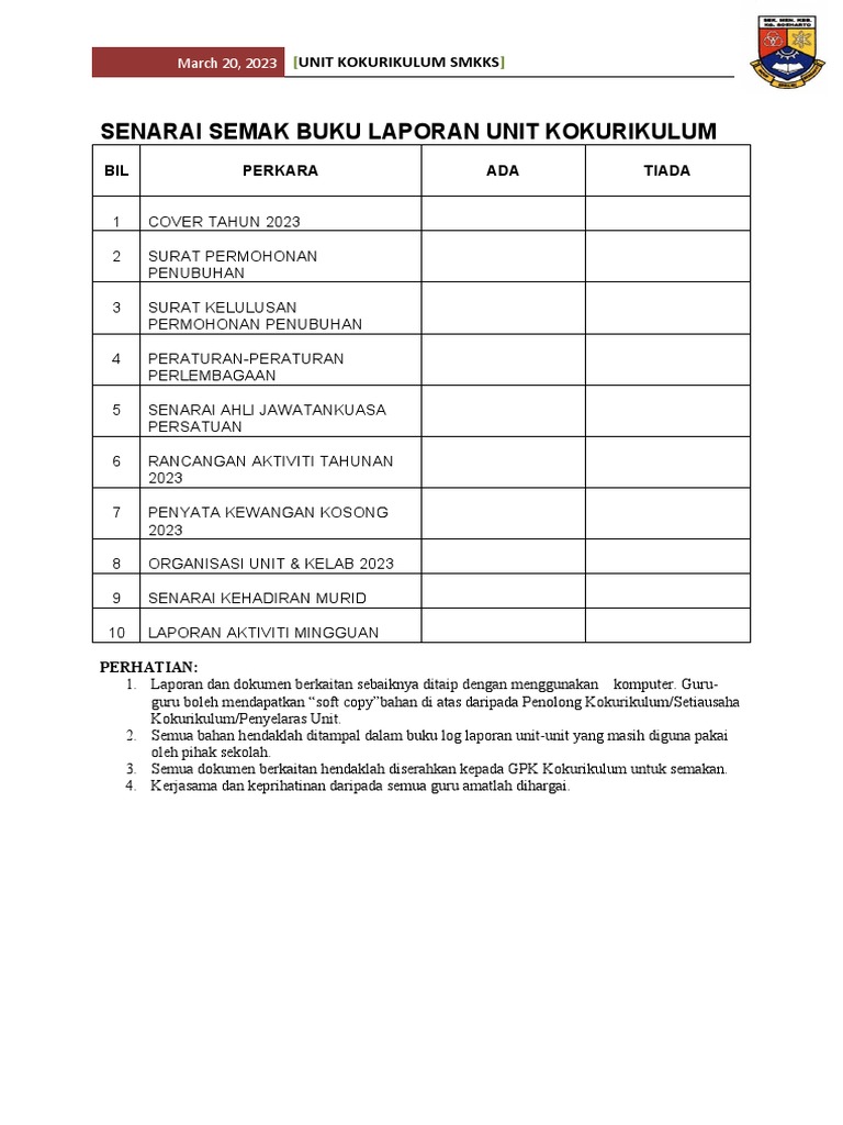 Senarai Semak Buku Laporan Unit Kokurikulum | PDF Senarai Semak Buku Laporan Unit Kokurikulum | PDF