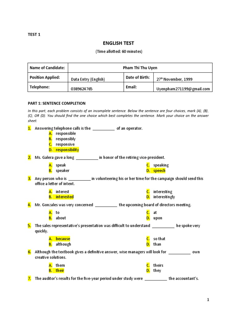 TEST 1 (60) - Pham Thi Thu Uyen | PDF | Working Time
