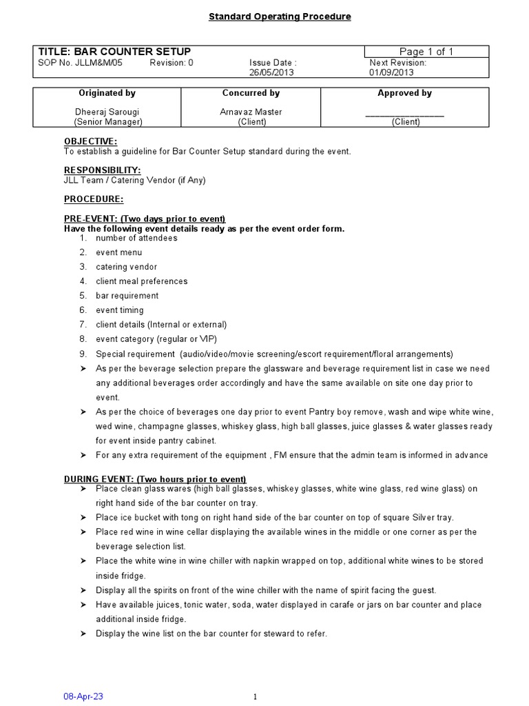 5 Bar Counter Setup - SOP-20 06-2013 | PDF | Drink | Food And Drink
