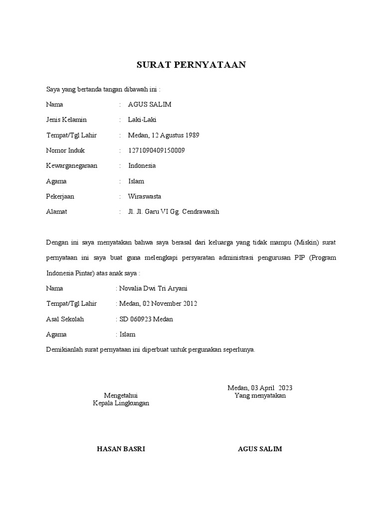 Surat Pernyataan PIP Agus Salim | PDF