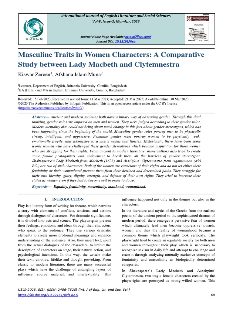 Masculine Traits in Women Characters: A Comparative Study Between Lady Macbeth and Clytemnestra ...