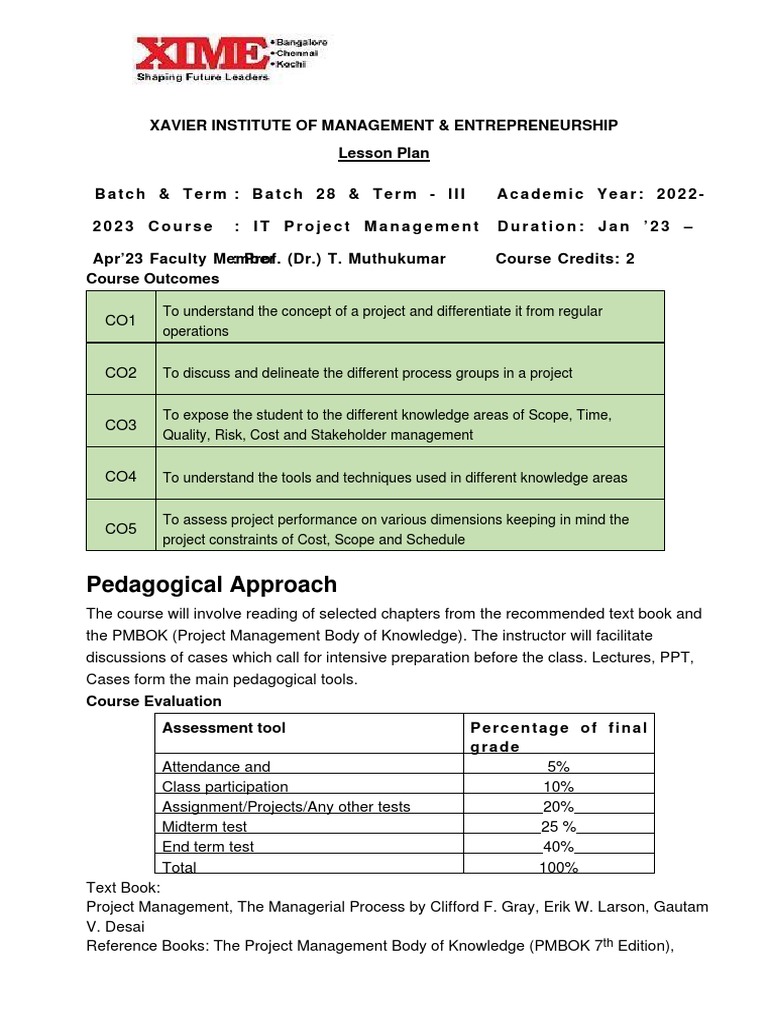 Lesson Plan - ITPM | PDF | Project Management | Business