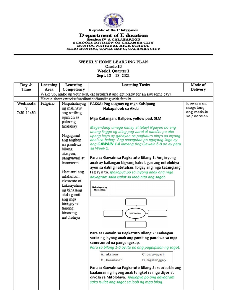 WHLP-Week 1 - FILIPINO 10 | PDF