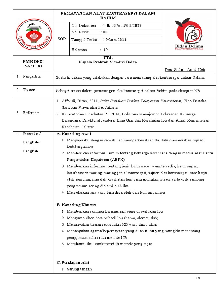 SOP KB Pemasangan AKDR | PDF | Pengembangan Diri | Sains & Matematika