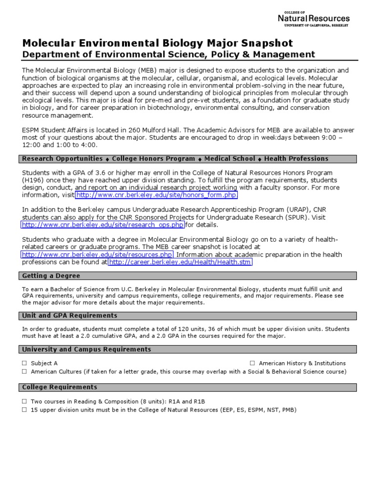 Meb Major Snapshot | PDF | Ecology | Graduate School