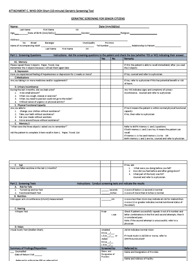 DOH GERIATRIC SCREENING FORM | PDF | Visual Acuity | Urinary Incontinence