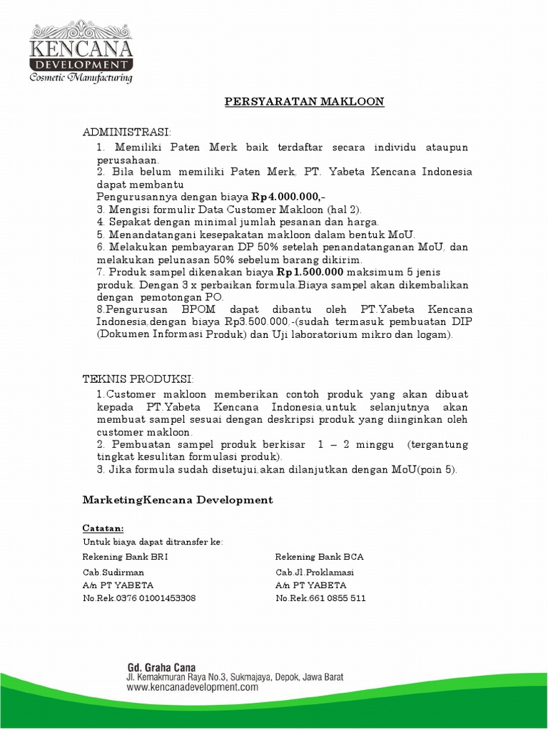 Persyaratan Makloon PT Yabeta Kencana | PDF