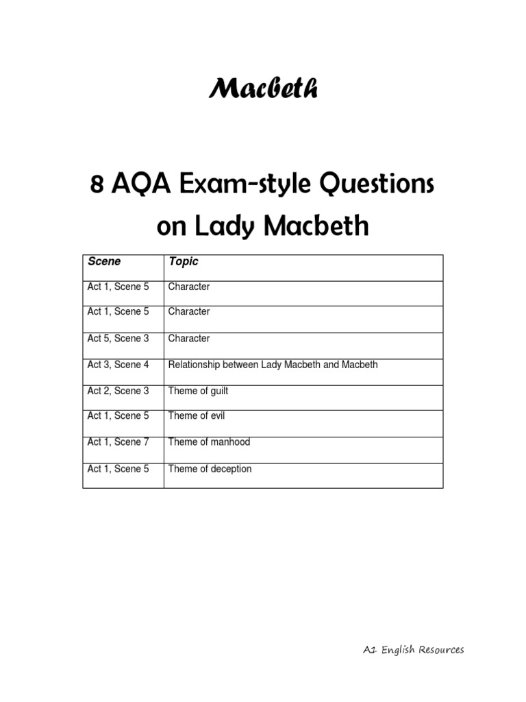 Macbeth 8 AQA Exam-Style Questions On Lady Macbeth: Scene Topic | PDF ...