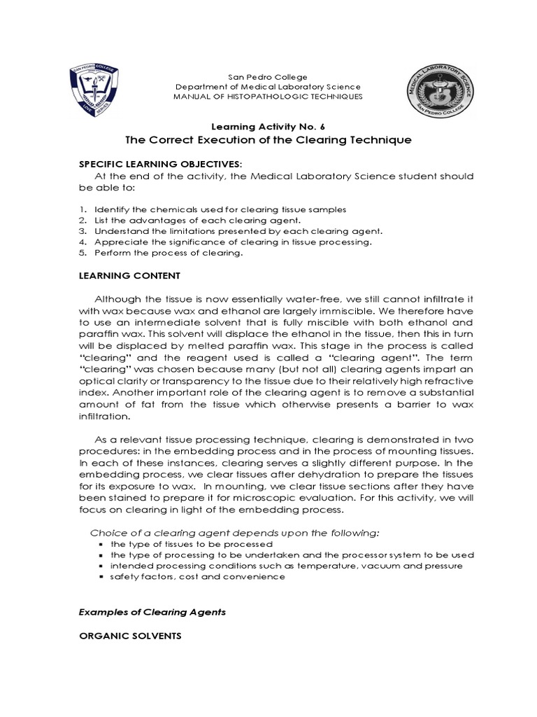 Act. 6 - Correct Execution of Clearing Technique | PDF | Histopathology | Ethanol
