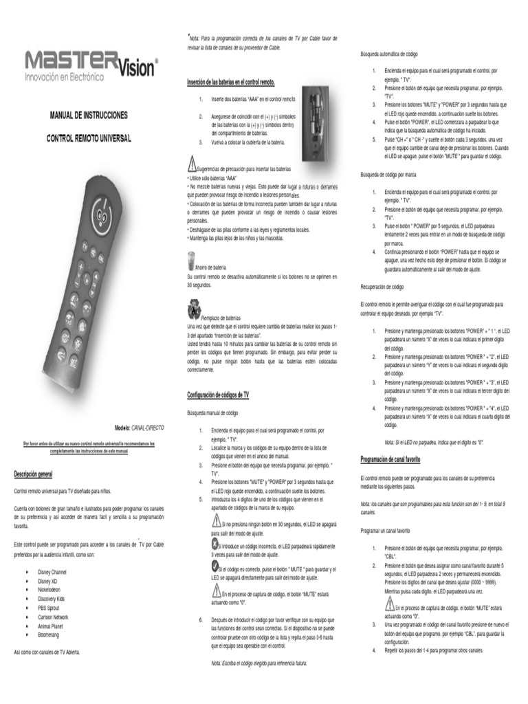 Manual de instrucciones para el uso y programación de un control remoto universal | PDF ...