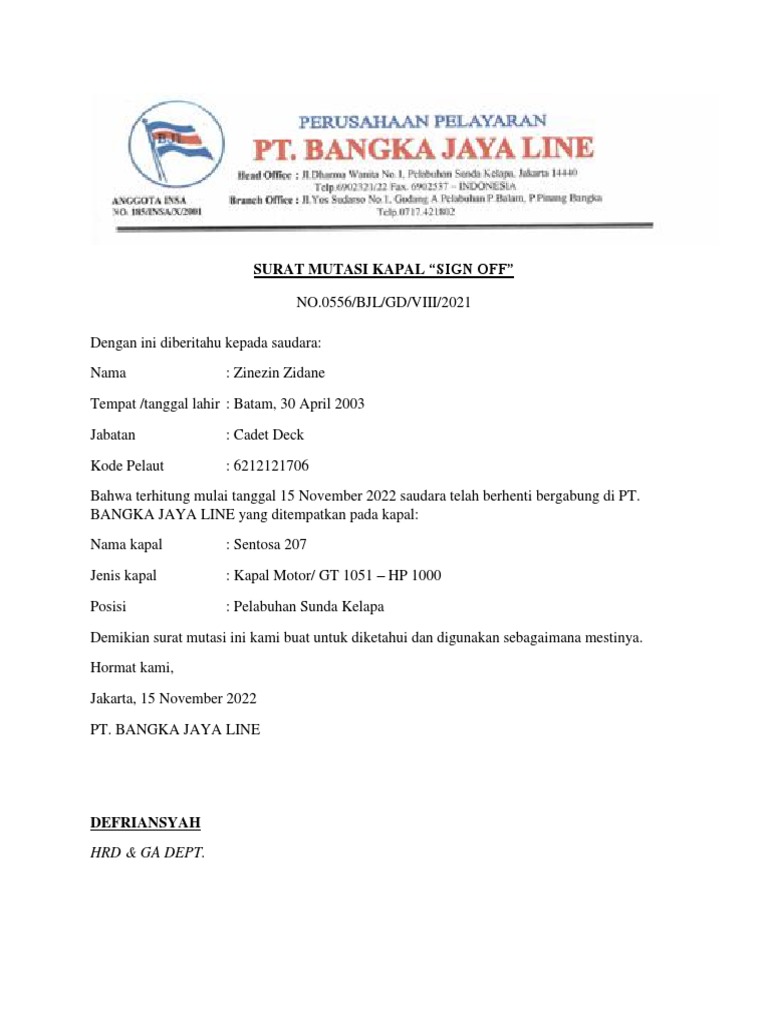 Surat Mutasi Kapal Off | PDF
