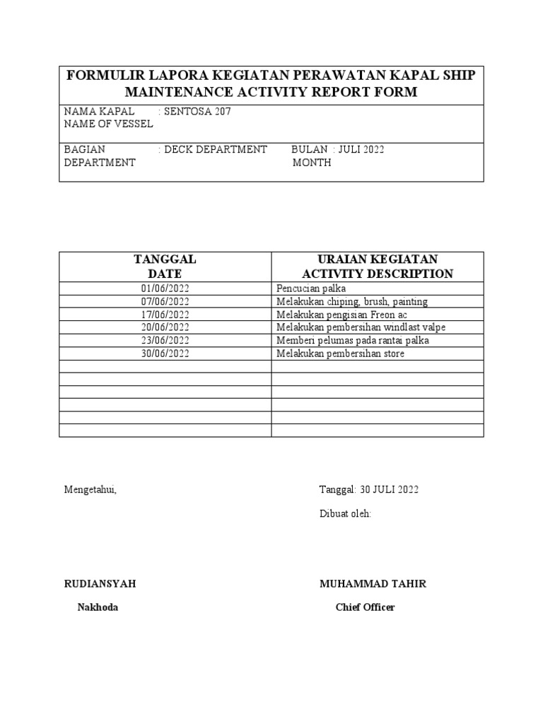 Formulir Lapora Kegiatan Perawatan Kapal Ship Maintenance Activity Report Form | PDF