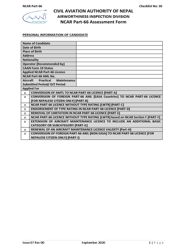 Checklist 30 Ncar Part 66 Assessment Form | PDF | Helicopter Rotor ...