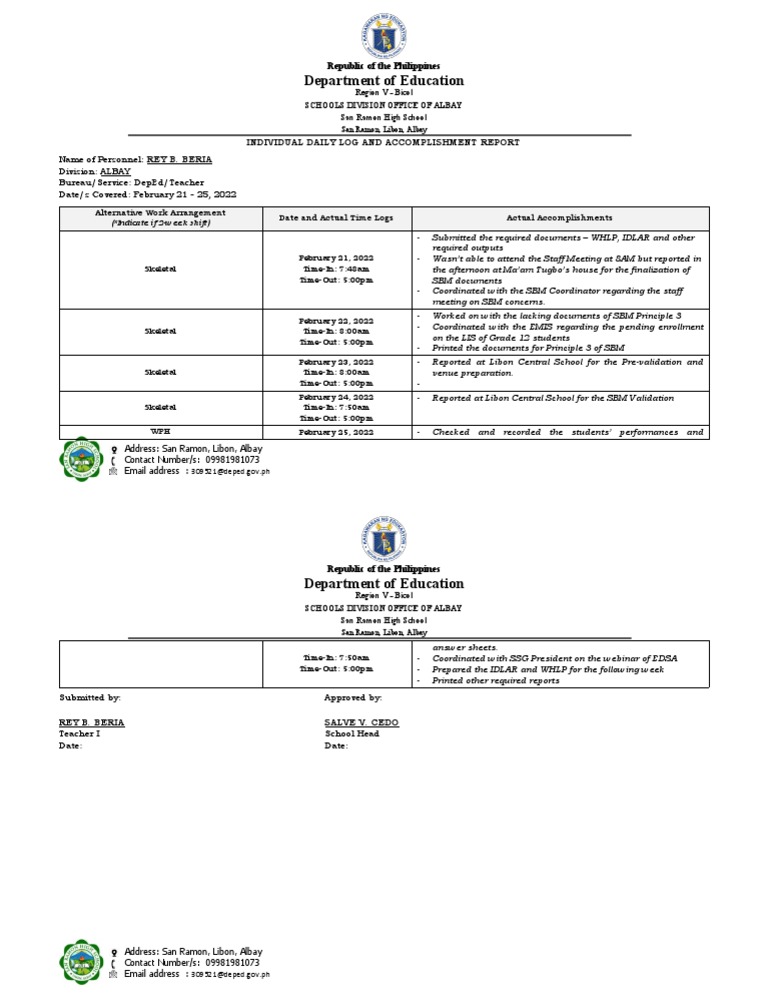Teacher's Weekly Accomplishment Log | PDF