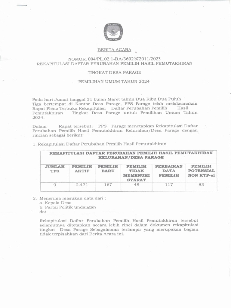 Rekap Data Hasil Coklit Sidalih DPS Parage | PDF
