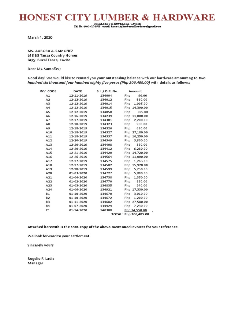 Billing Letter - Honest City - Aurora Samoñez | PDF