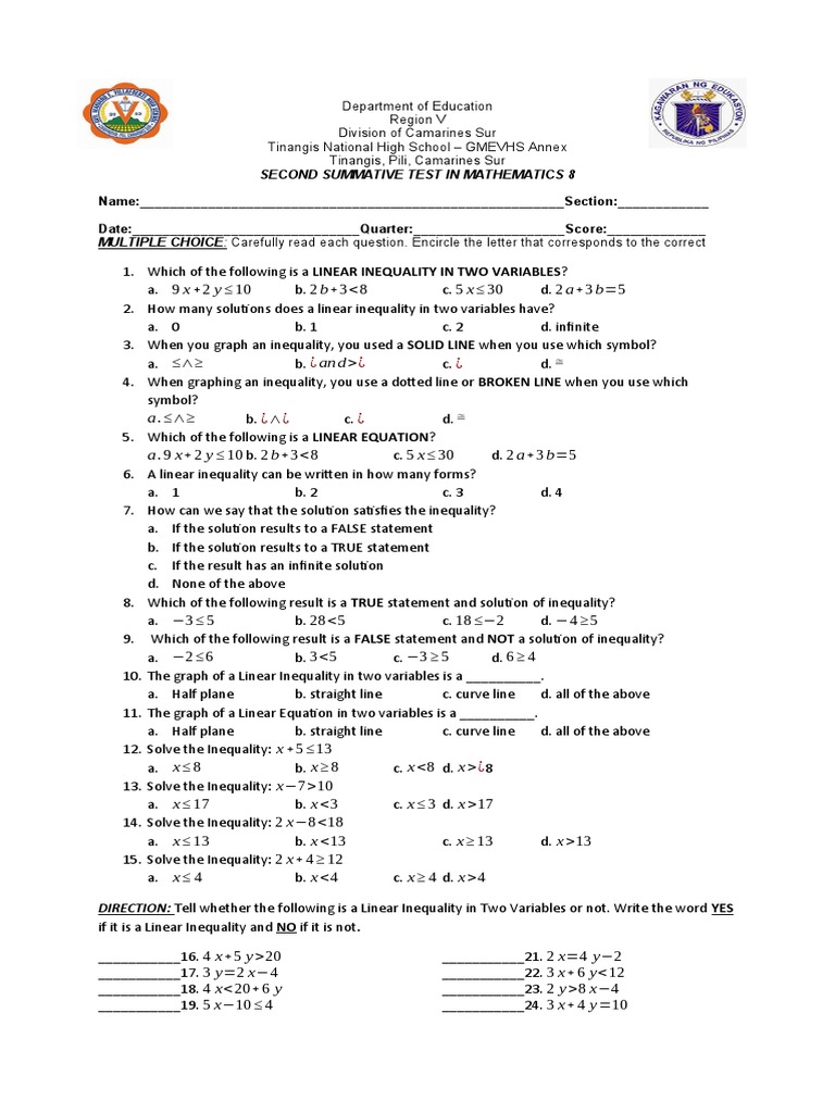 Math8 2Q e | PDF | Inequality (Mathematics) | Applied Mathematics