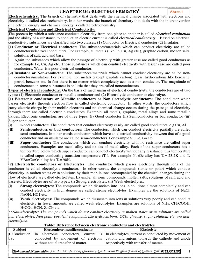 Chapter 04: Electrochemistry: Sheet-1 | PDF | Redox | Anode