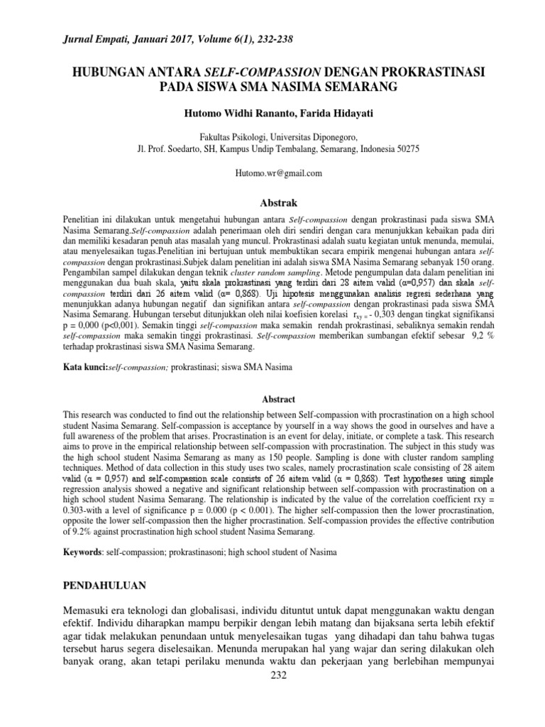 Hubungan Antara Self-Compassion Dengan Prokrastinasi Pada Siswa Sma ...