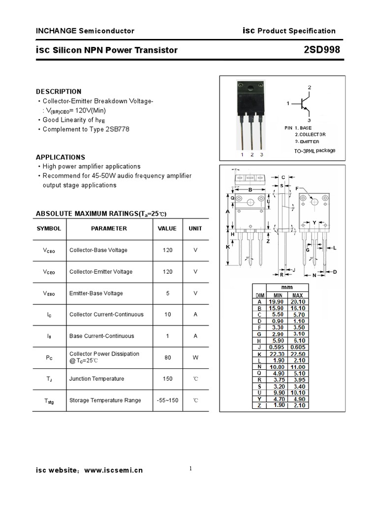 Inchange - Semiconductor 2SD998 Datasheet | PDF | Bipolar Junction Transistor | Amplifier