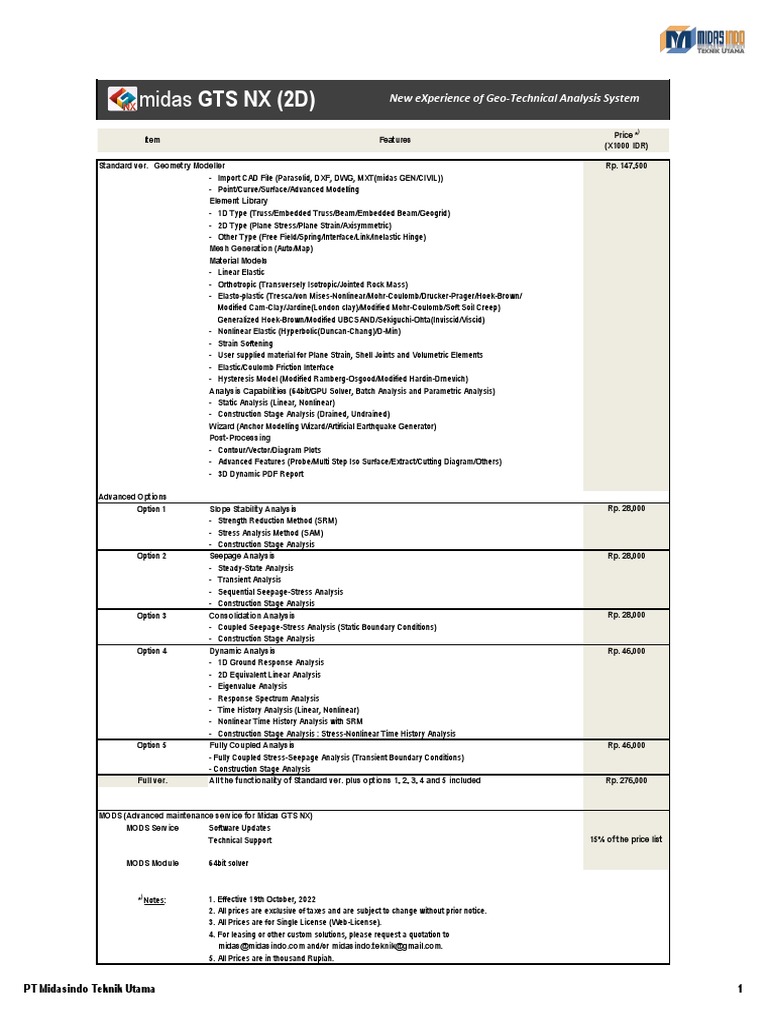 Midas GTS NX Price List | PDF | Elasticity (Physics) | Stress (Mechanics)