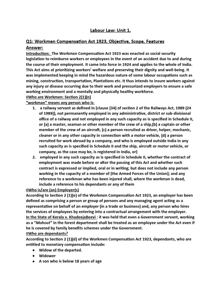Unit 1 Labour Law | PDF | Employment | Workers' Compensation