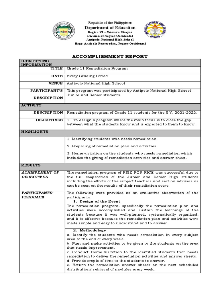 Objective 11 Remediation Program Accomplishment Report | PDF ...