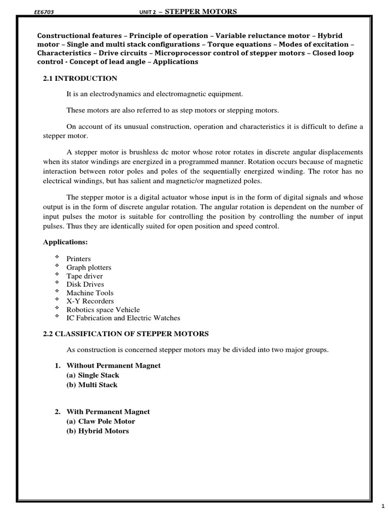 Special Electrical Machine Stepper Motor Notes | PDF | Electric Motor ...
