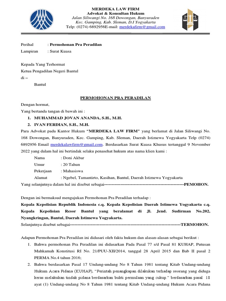 Permohonan Pra Peradilan Doni Akbar | PDF