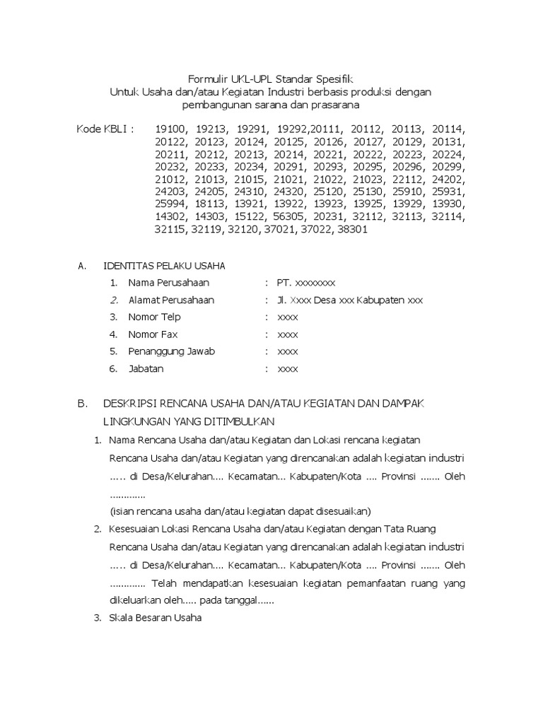 07 - Template Formulir UKL-UPL Standar Spesifik Usaha Industri Berbasis Produksi - Final | PDF