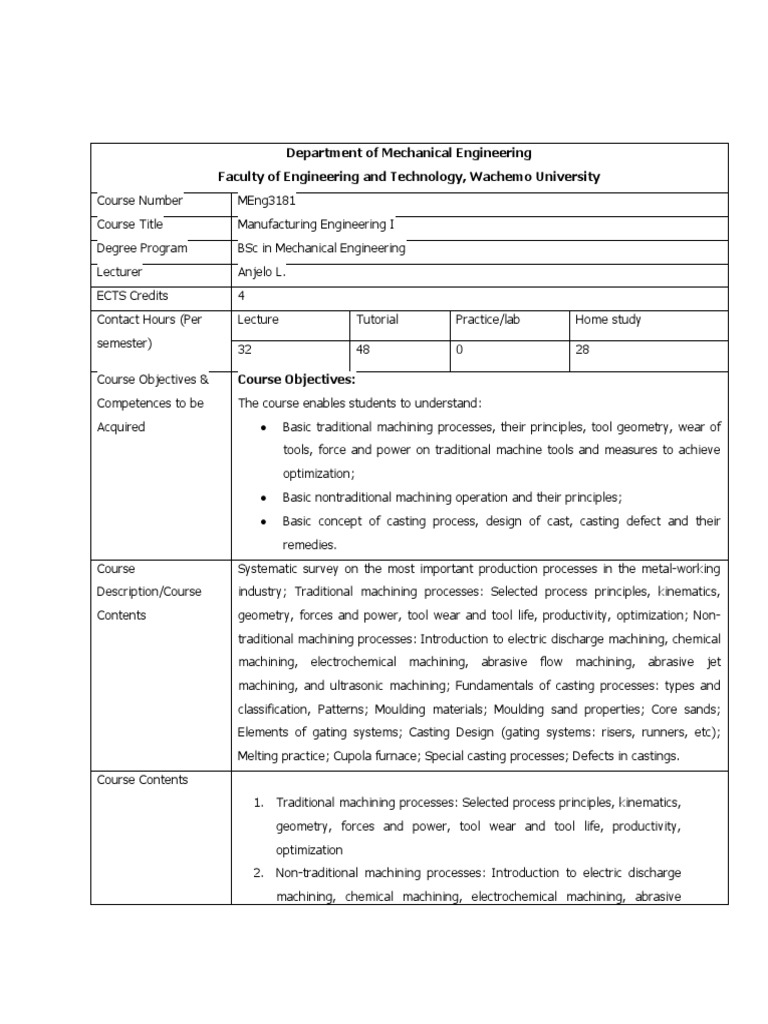 MEng3181-Manufacturing Engineering I-Course Outline - 103309 | PDF ...