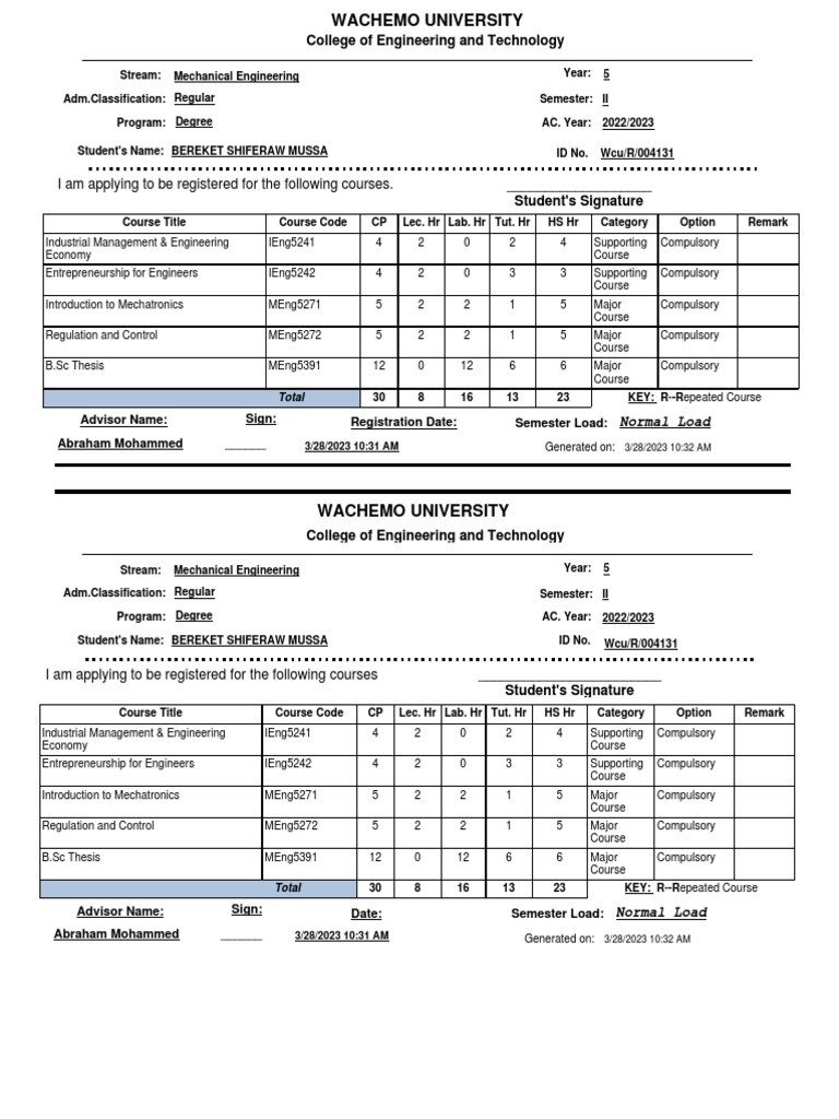 Course Registration Forms for Two Fifth-Year Mechanical Engineering ...