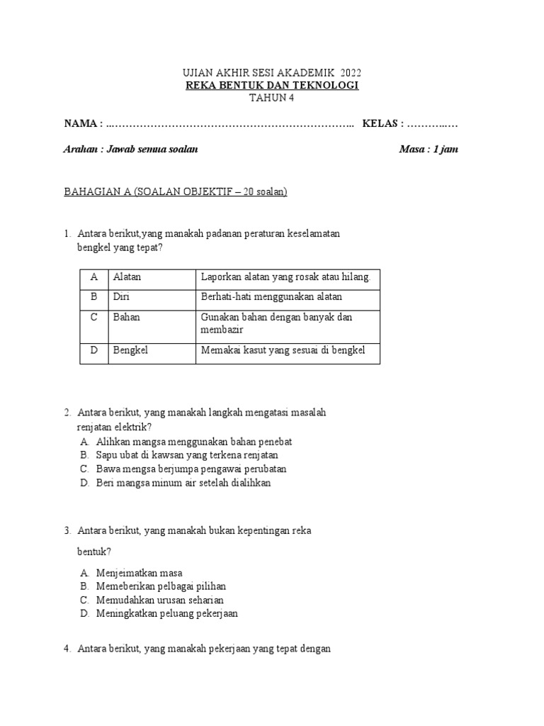 Ujian Uasa RBT Tahun 4 2022 | PDF | Seni