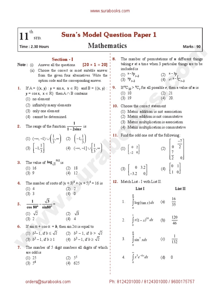 XI Maths Model Question | PDF | Matrix (Mathematics) | Trigonometric ...