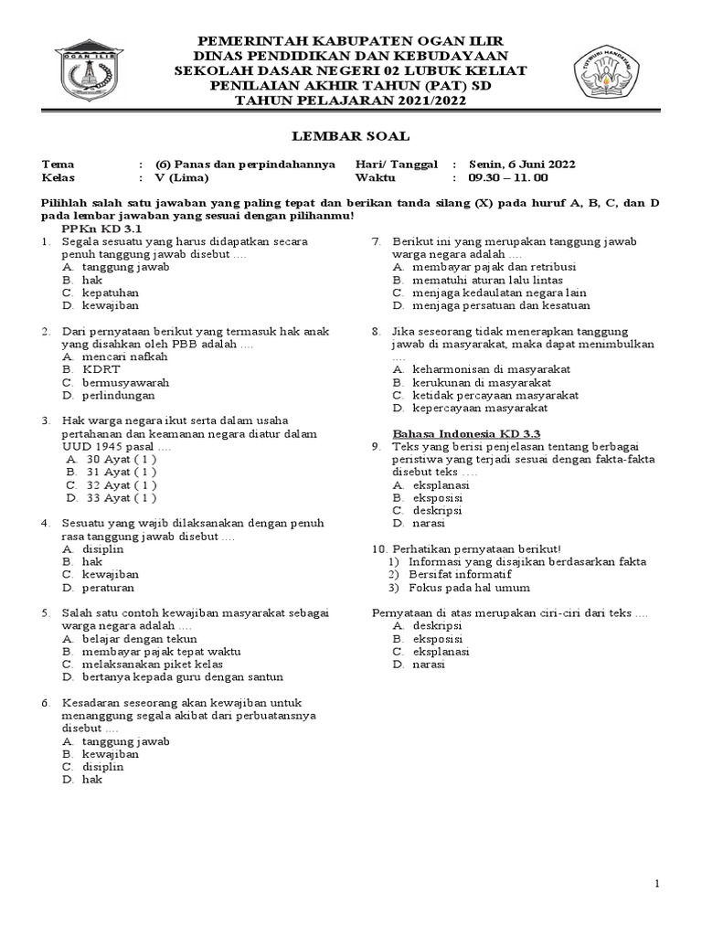 Soal Kls 5 Fix | PDF