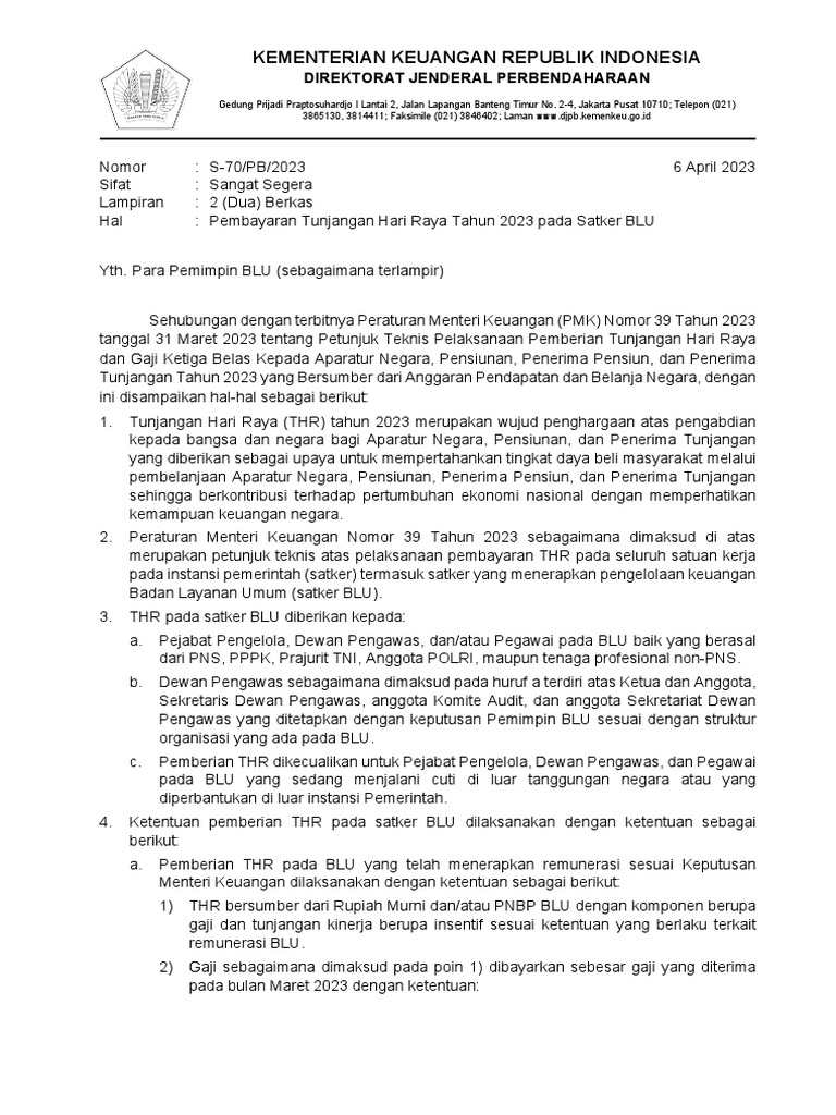 Pembayaran Tunjangan Hari Raya Tahun 2023 Pada Satker BLU | PDF