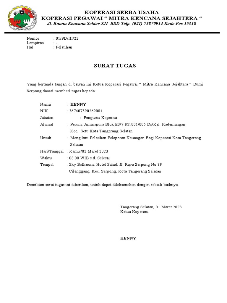 SURAT TUGAS Koperasi | PDF
