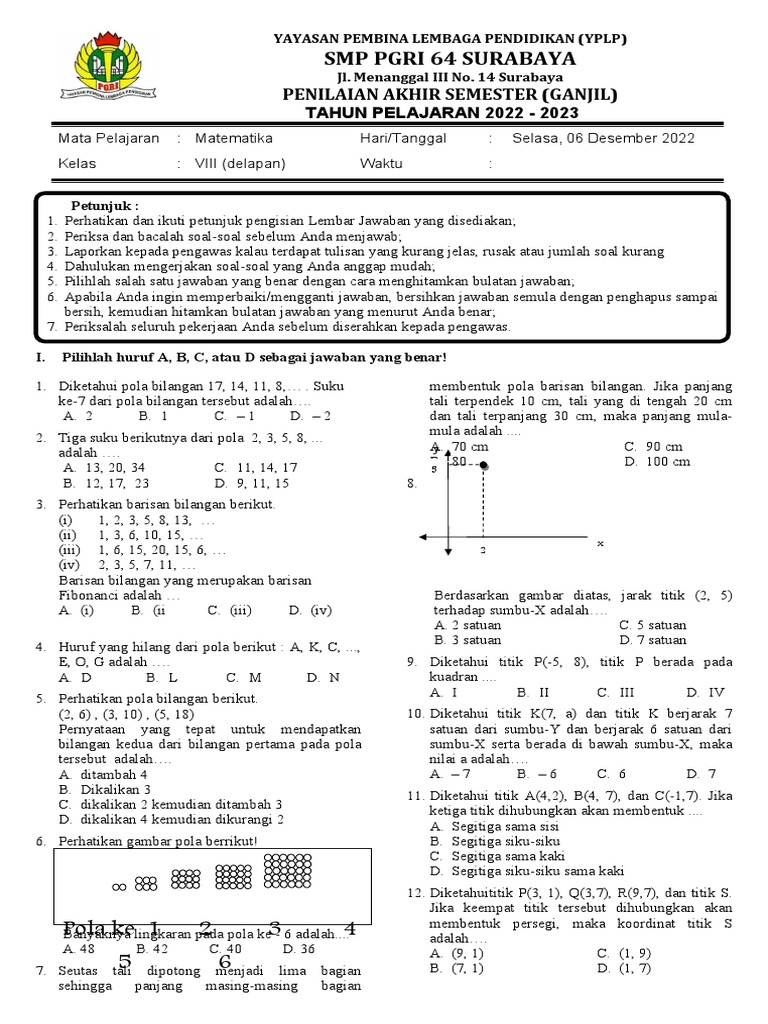 SOAL PAS Gasal MTK KLS 8 PGRI | PDF