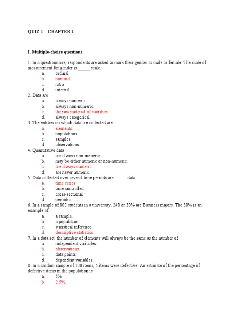 Quiz 1 Chap 1 Answer | PDF | Statistics | Categorical Variable