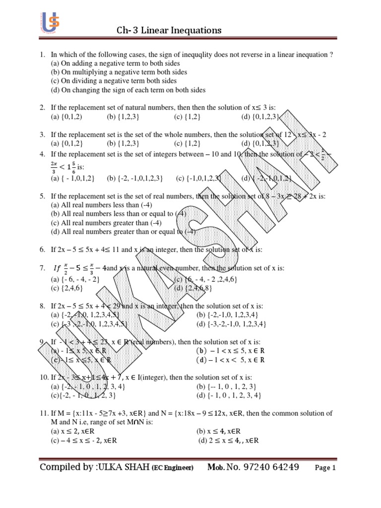 Class 10 ICSE Linear Inequations MCQs | PDF | Inequality (Mathematics ...