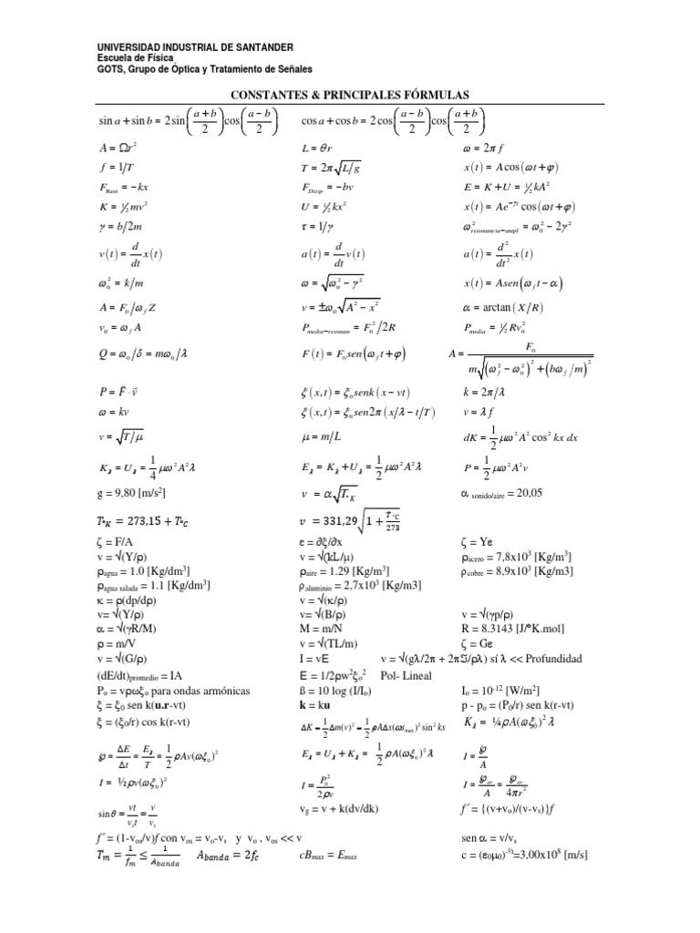UIS Formulas and Constants Guide | PDF | Physics