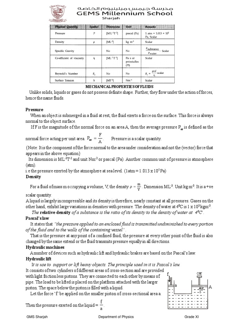 Grade 11 Mechanical Properties of Fluids | PDF | Fluid Dynamics | Pressure