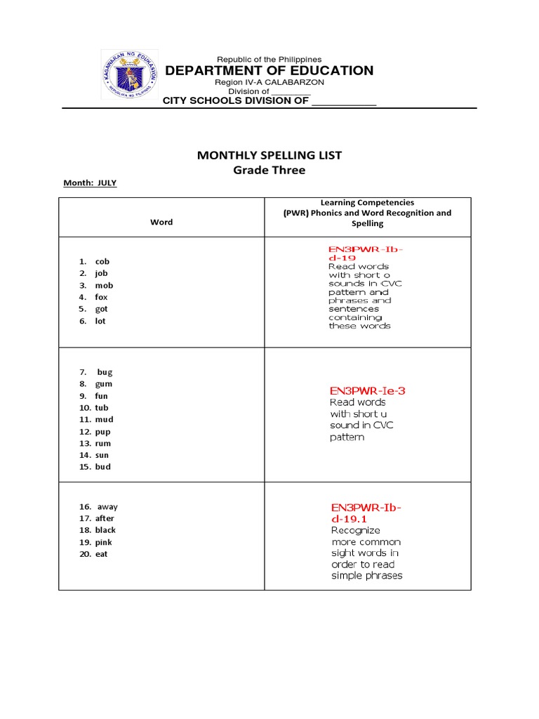 Competency-Based Spelling Words Grade 3 | PDF