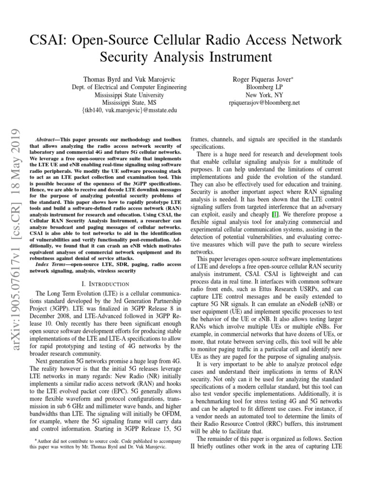 CSAI: Open-Source Cellular Radio Access Network Security Analysis Instrument | PDF ...