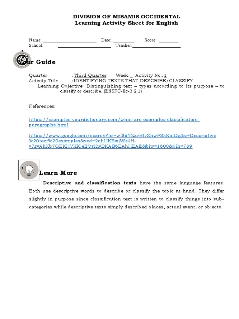 Distinguishing Descriptive and Classification Texts: An Exercise in Identifying Text Types ...
