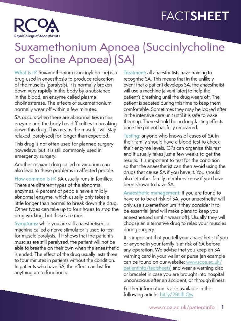 Suxamethonium Apnoea (Succinlycholine or Scoline Apnoea) (SA) | PDF ...