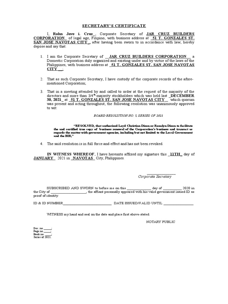 Secretary's Certificate Board Resolution | PDF | Civil Law (Common Law) | Government And Personhood