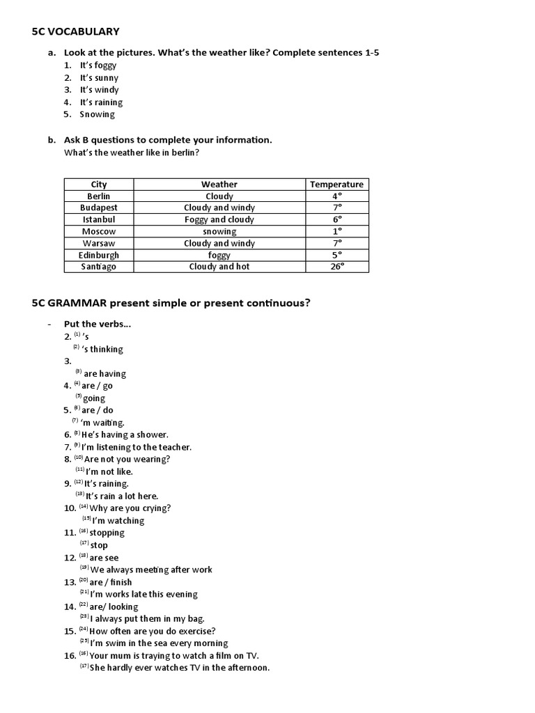 5C Vocabulary: A. Look at The Pictures. What's The Weather Like? Complete Sentences 1-5 | PDF