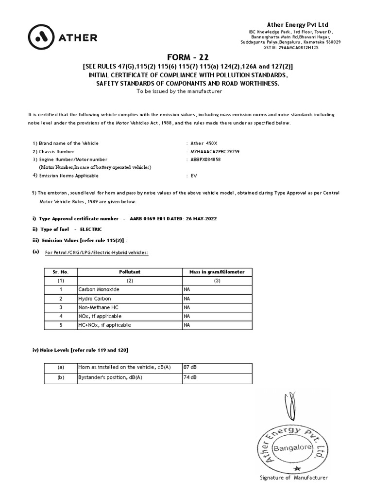 FORM - 22: Ather Energy PVT LTD | PDF | Exhaust Gas | Vehicles